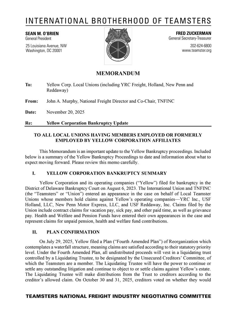 Yellow Freight Bankruptcy Update – NOV 20th, 2025 - Teamsters Local 853
